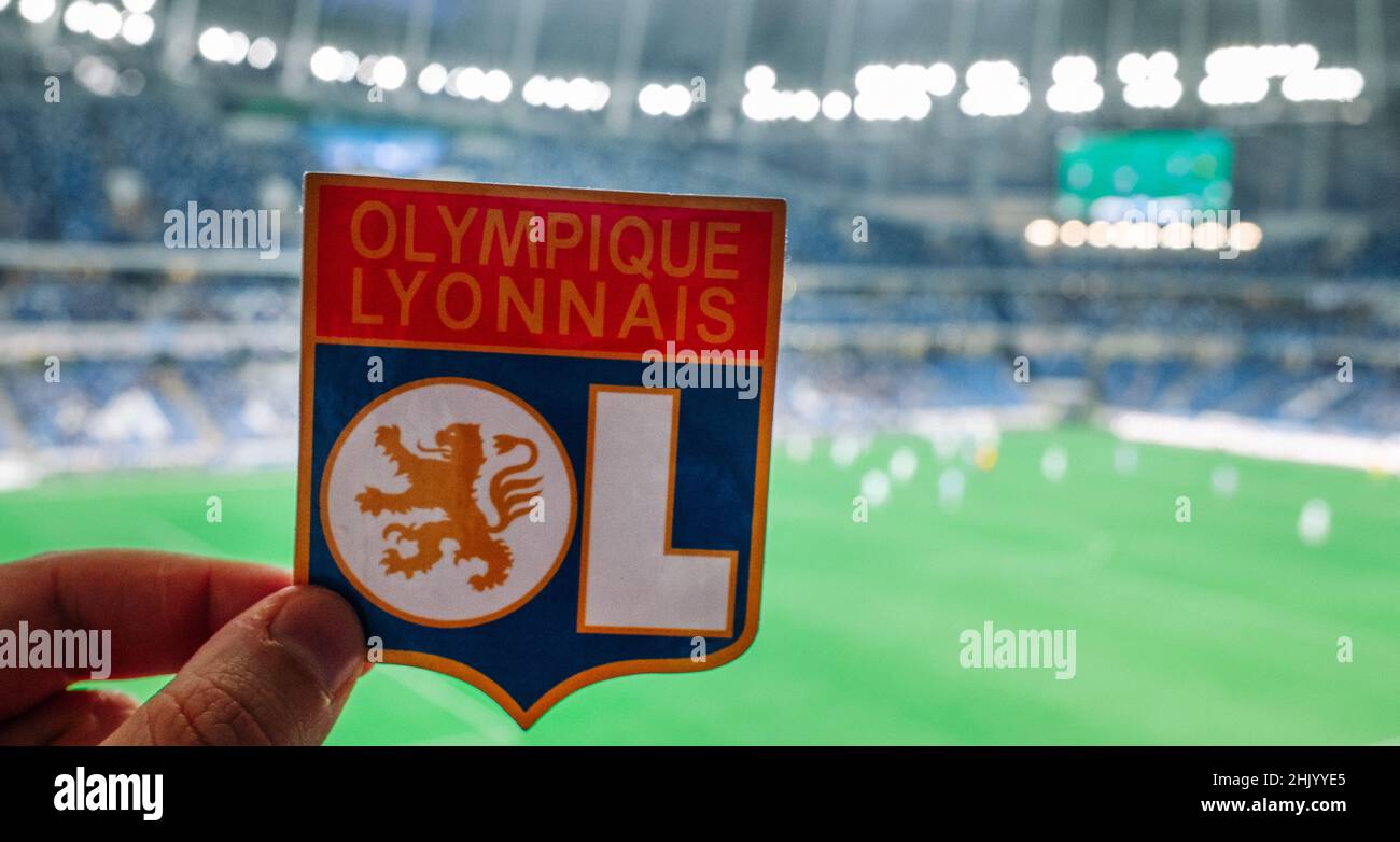 September 12, 2021, Lyon, France. The emblem of the football club ...