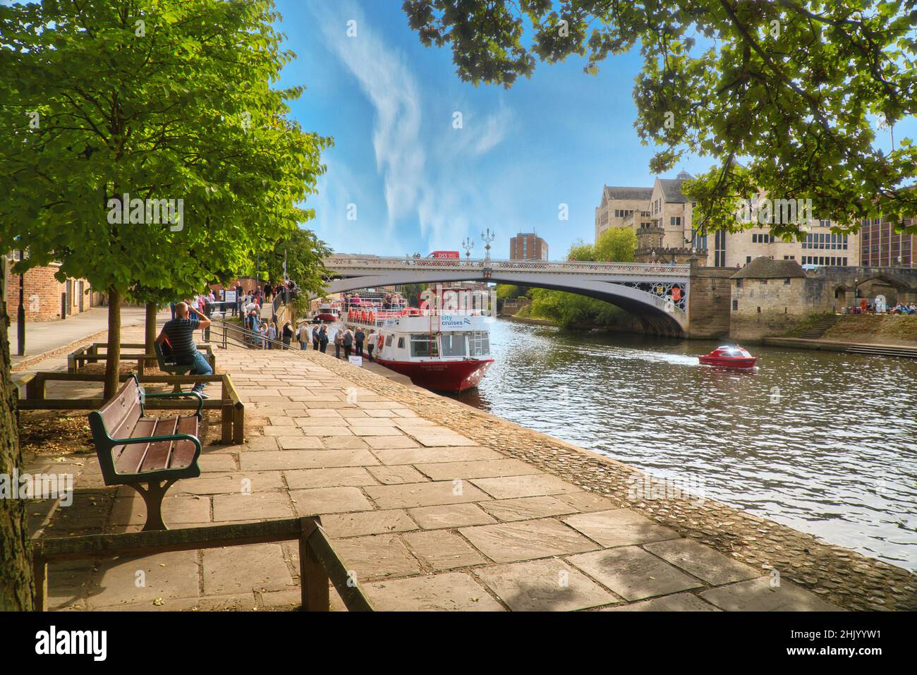 York. Looking down River Ouse to Lendal Bridge. Cruise tour boats ...