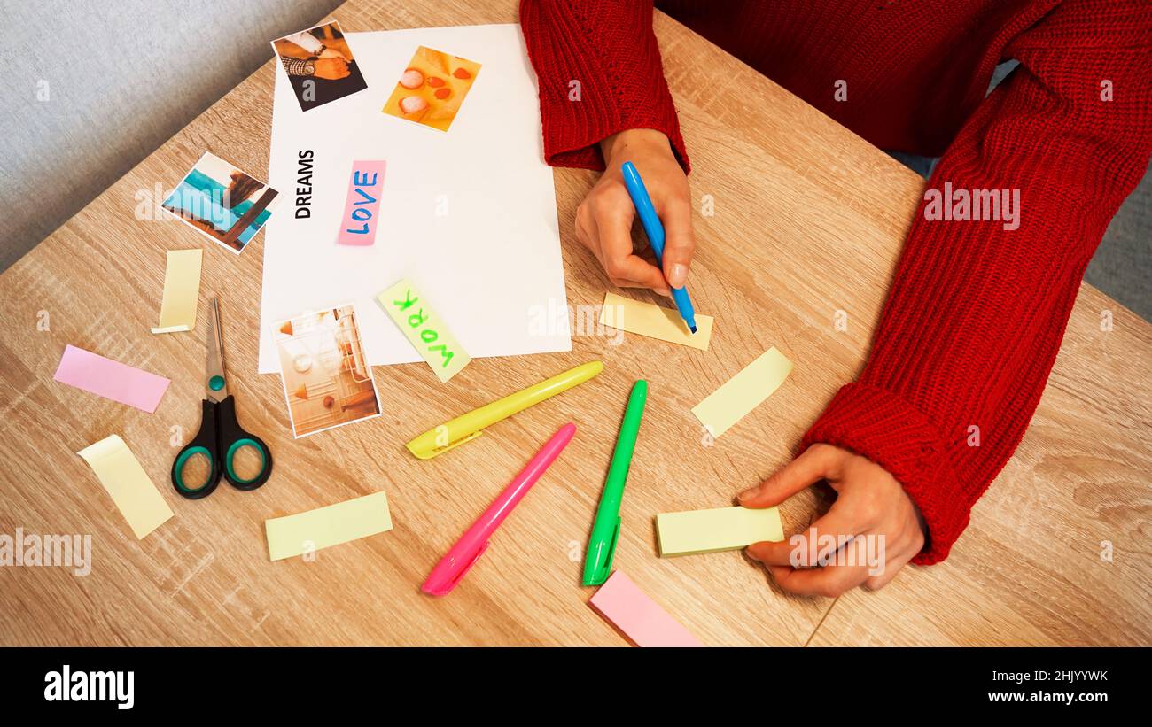 Woman creating Feng Shui wish map using inscriptions and overhead ...
