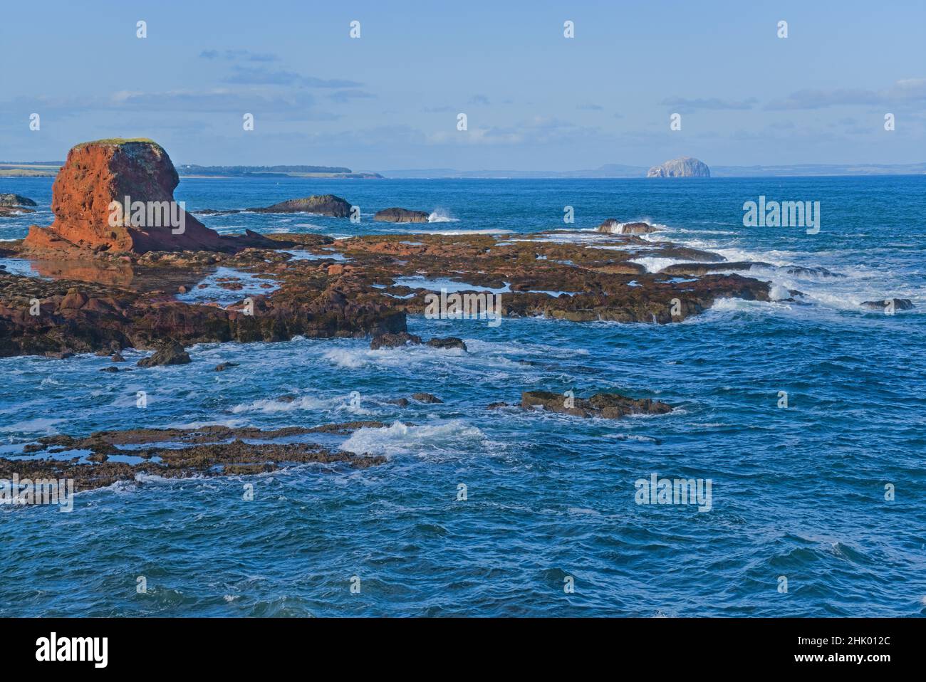 Looking west along Forth Estuary from John Muir Way at Dunbar. Bass ...