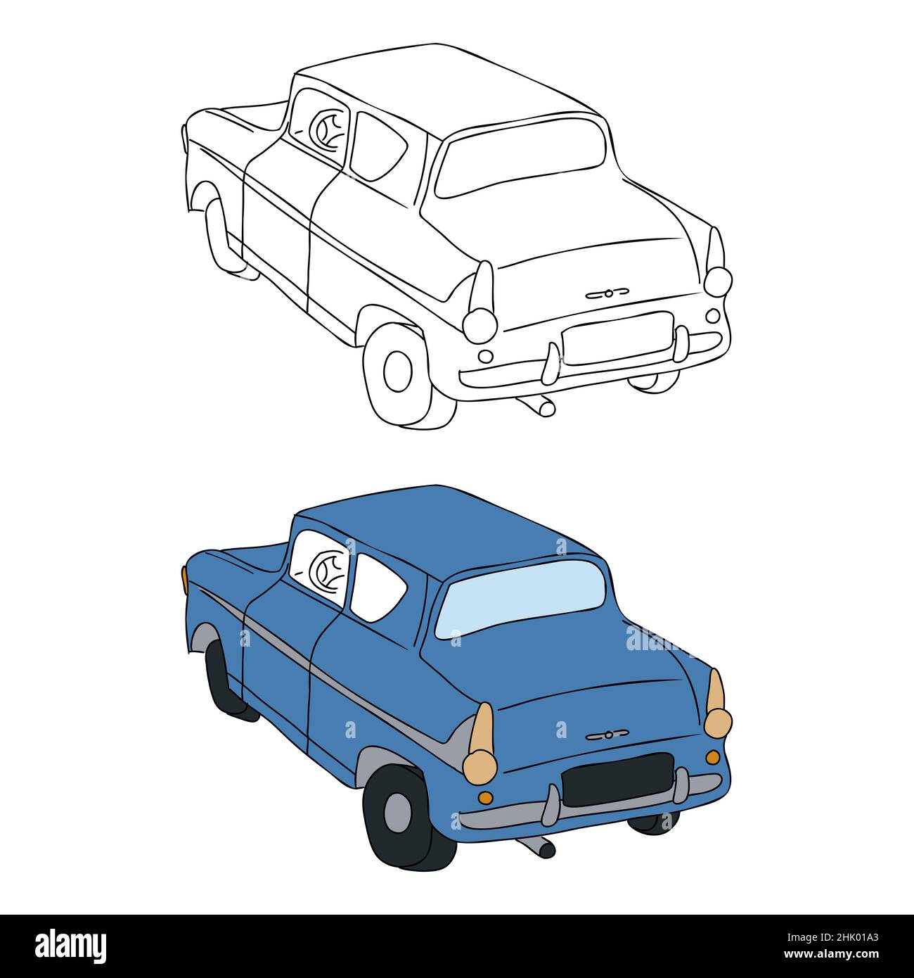 Retro car coloring hand drawn vintage isometric auto blue vector ...