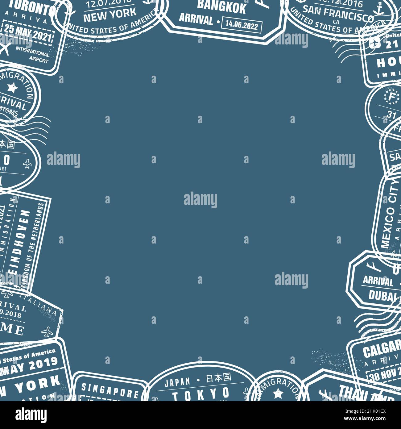 Travel poster. Square passport stamp frame with blank copyspace in the ...