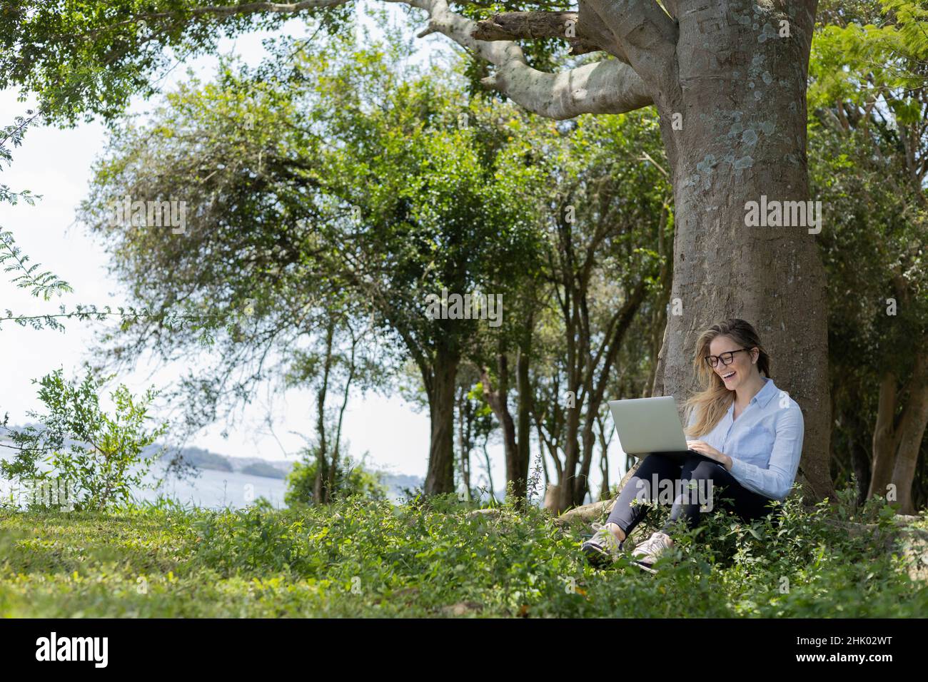 Young woman using a laptop at day time with a green park in the ...