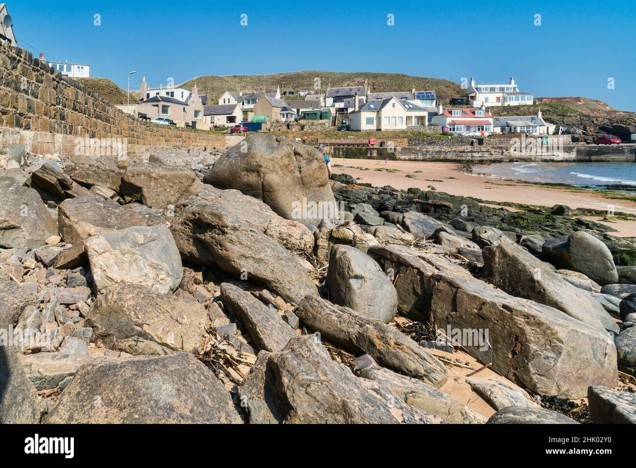 Collieston coastal village, harbour, rocks and beach, Aberdeenshire ...