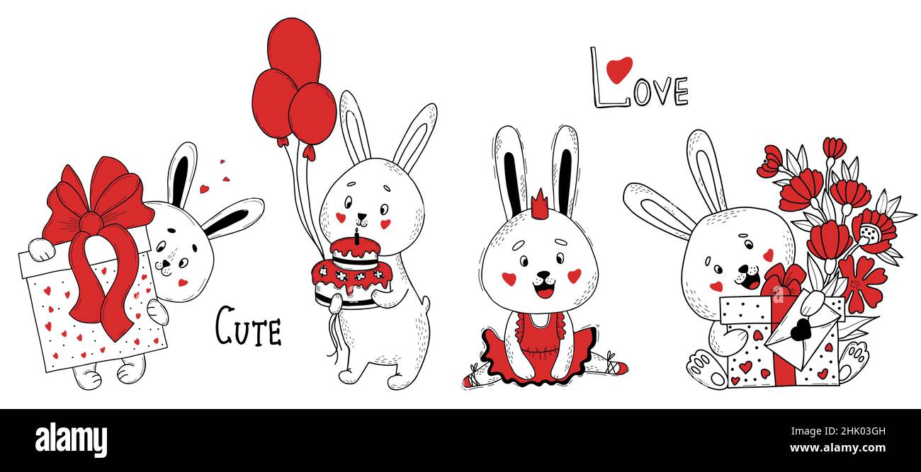 Cute rabbit character set. love hare with bouquet, letter and gift ...