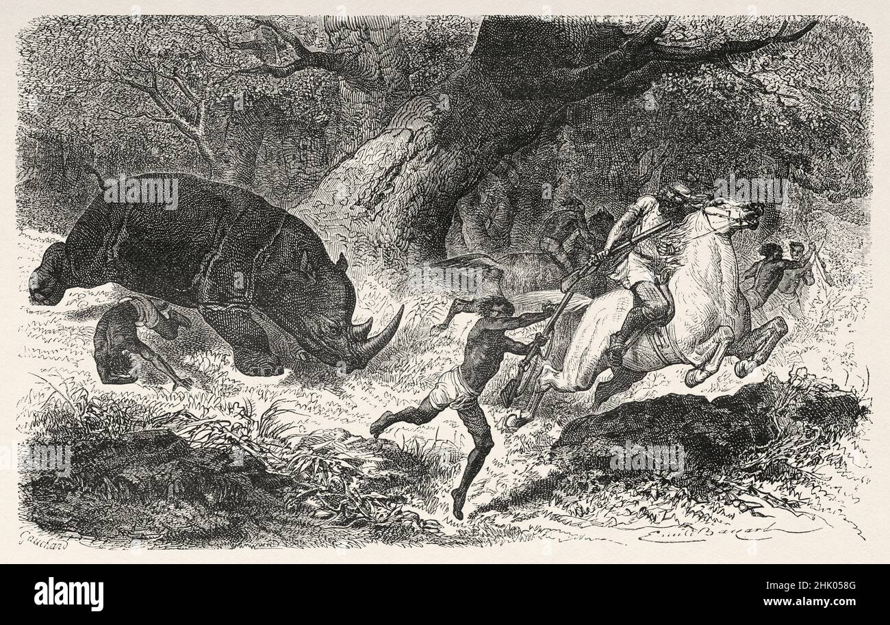 Hunting scene. Hunters on horseback and on foot being chased by a ...