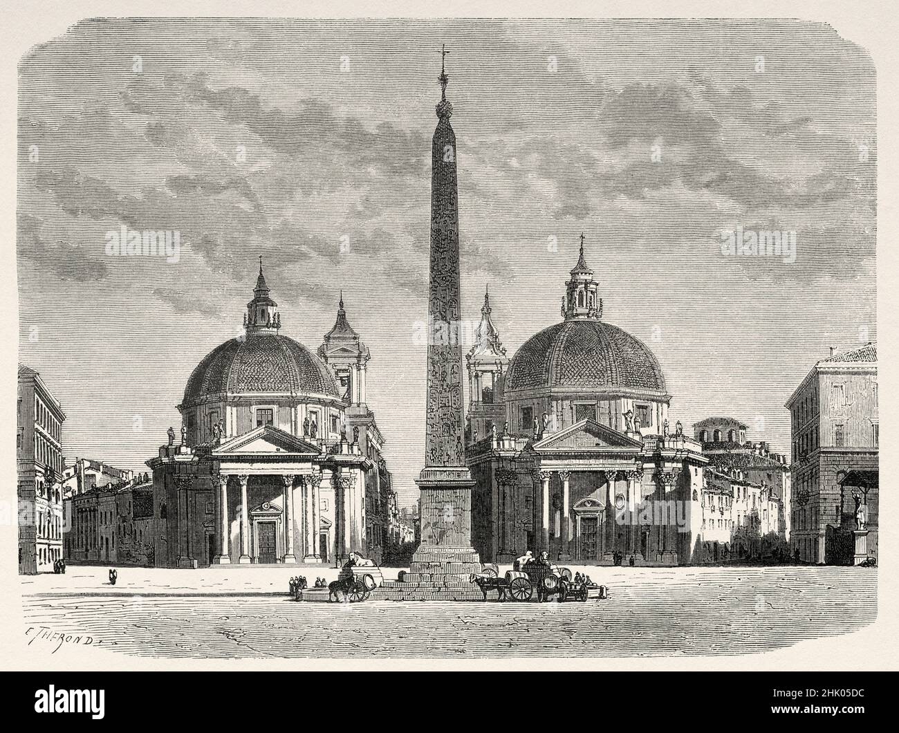 Piazza del Popolo, Rome. Italy, Europe. Old 19th century engraved ...