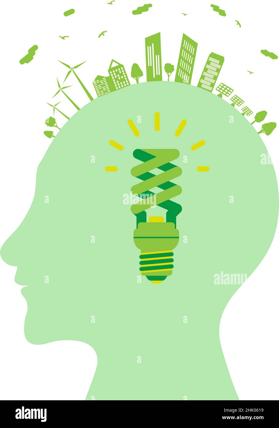 Silhouette of a human head with low energy lightbulb inside. Think ...