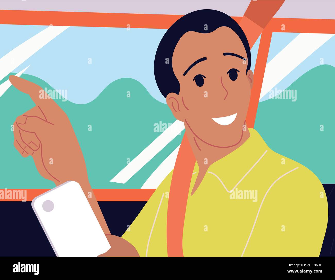 Trip, journey. A young guy is driving a car. Show the right way. Map in ...