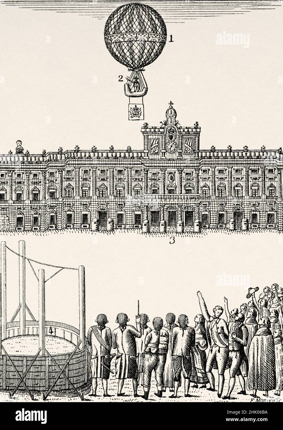 Ascension of Lunardi's Balloon in Madrid January 8, 1793. Old 19th ...