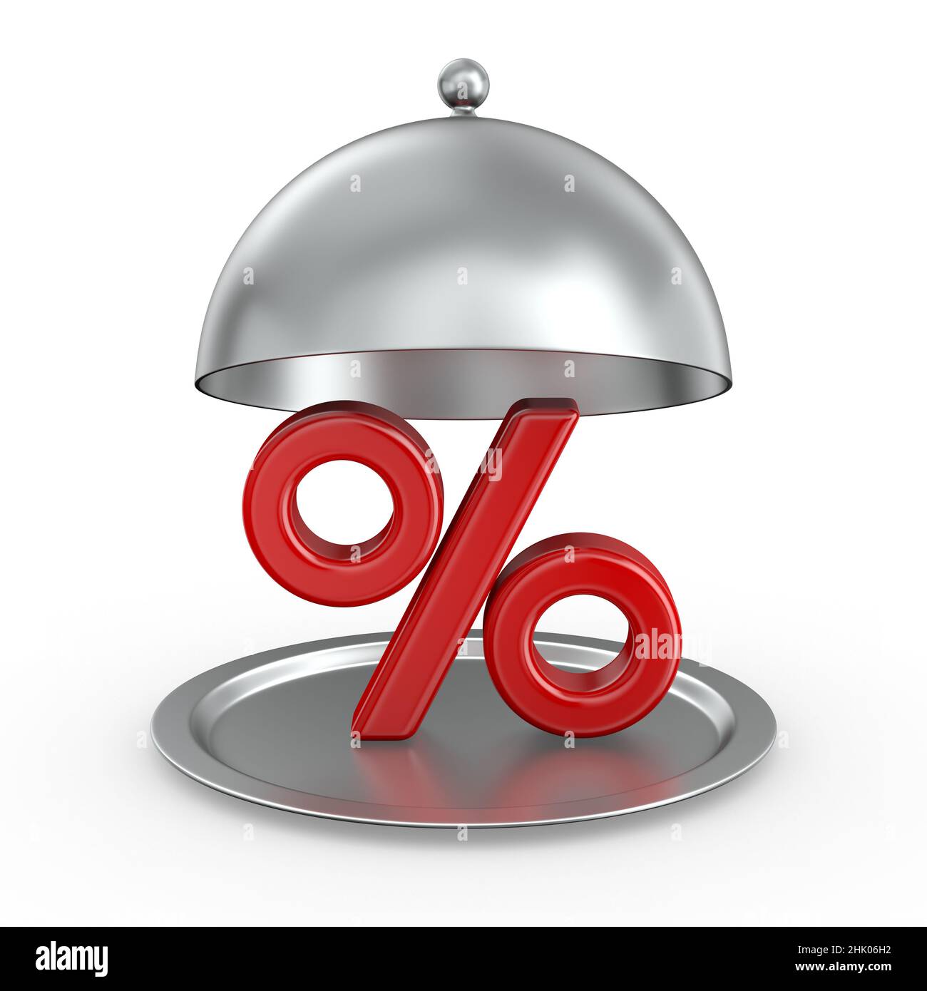 open metallic cloche and percent on white background. Isolated 3d ...