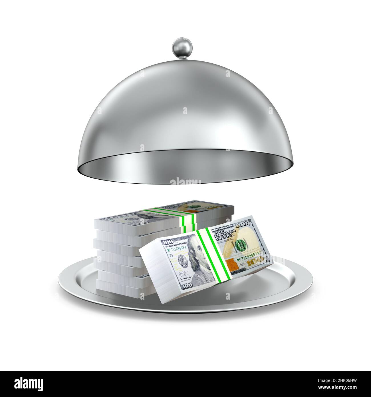 open metallic cloche and money on white background. Isolated 3d ...