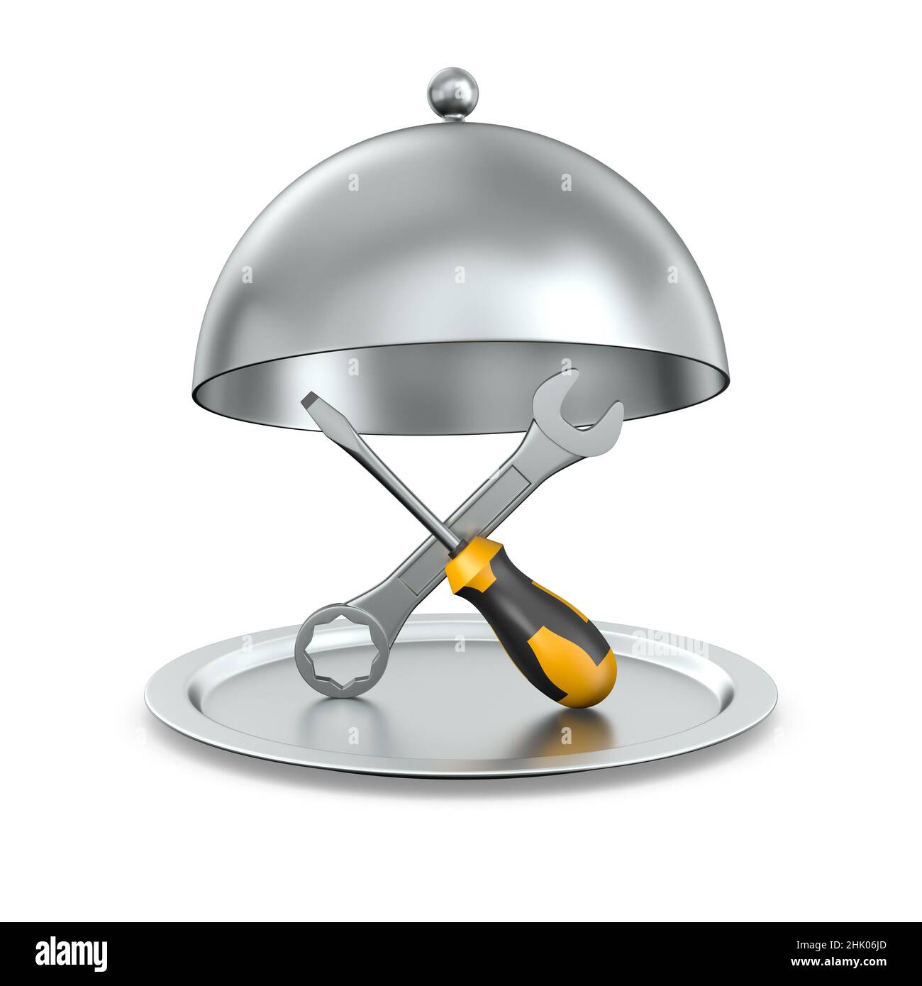 open metallic cloche and tools on white background. Isolated 3d ...