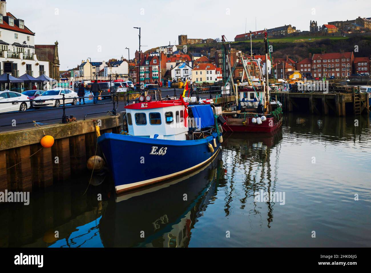 Fishing boats at New Quay Wharf in Whitby harbour North Yorkshire UK ...