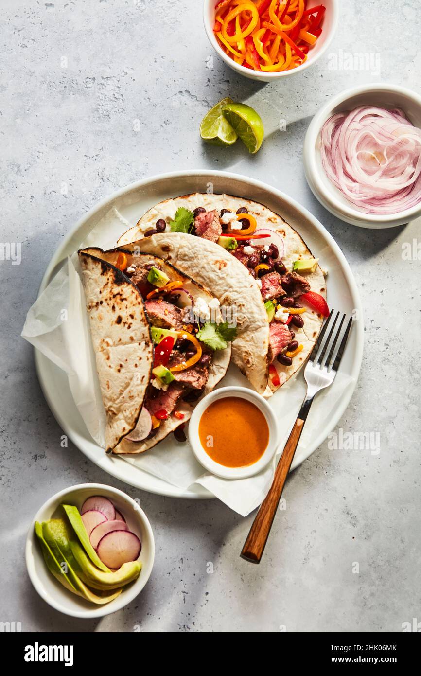 Mexican Beef Tacos with Toppings Stock Photo - Alamy