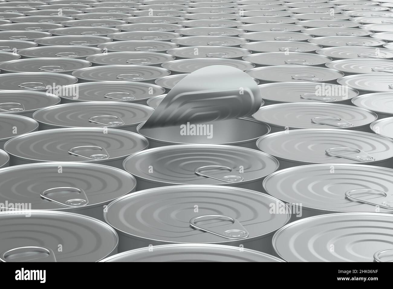 closed metallic cans and single open can on white background. Isolated ...
