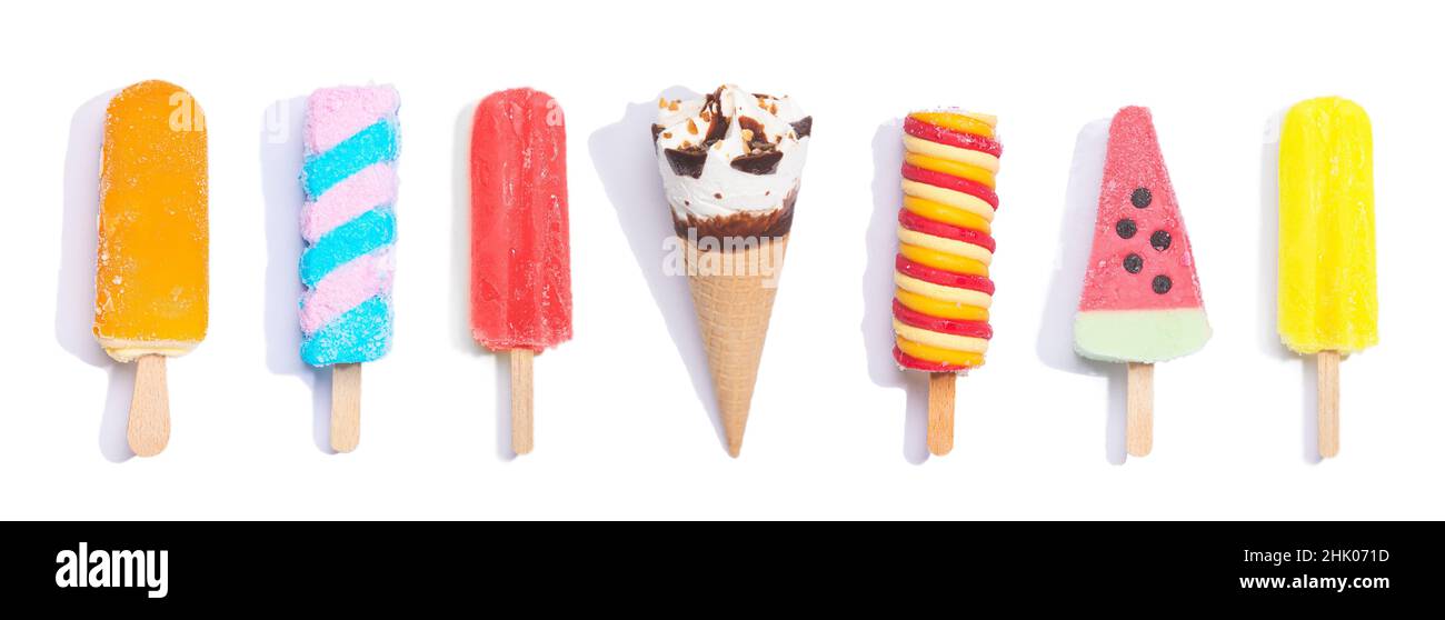 Collection of different colorful popsicles and ice cream on white ...