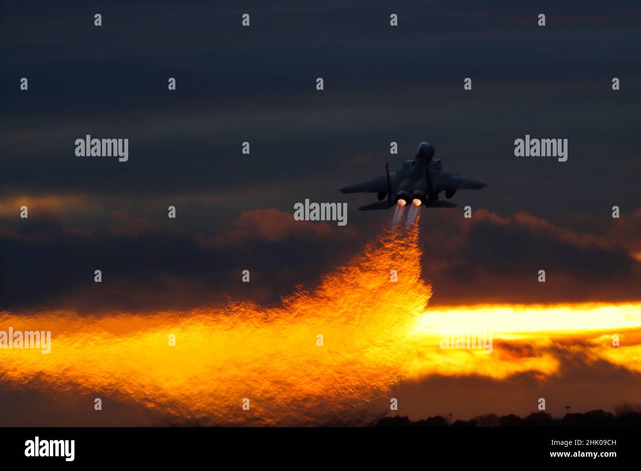 McDonnell Douglas, Boeing F-15E Strike Eagle taking off at sunset in ...