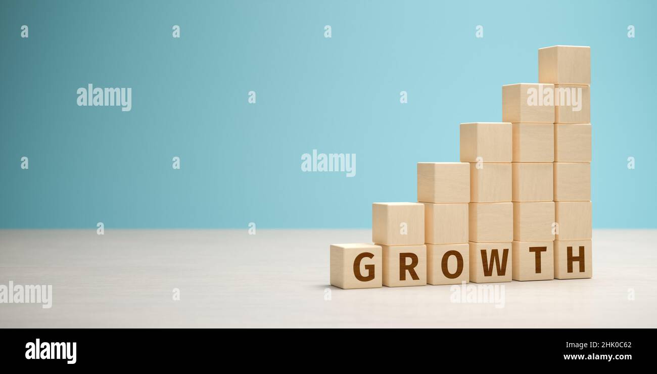 Wooden cubes piled onto each other in rising stacks. The word "growth ...