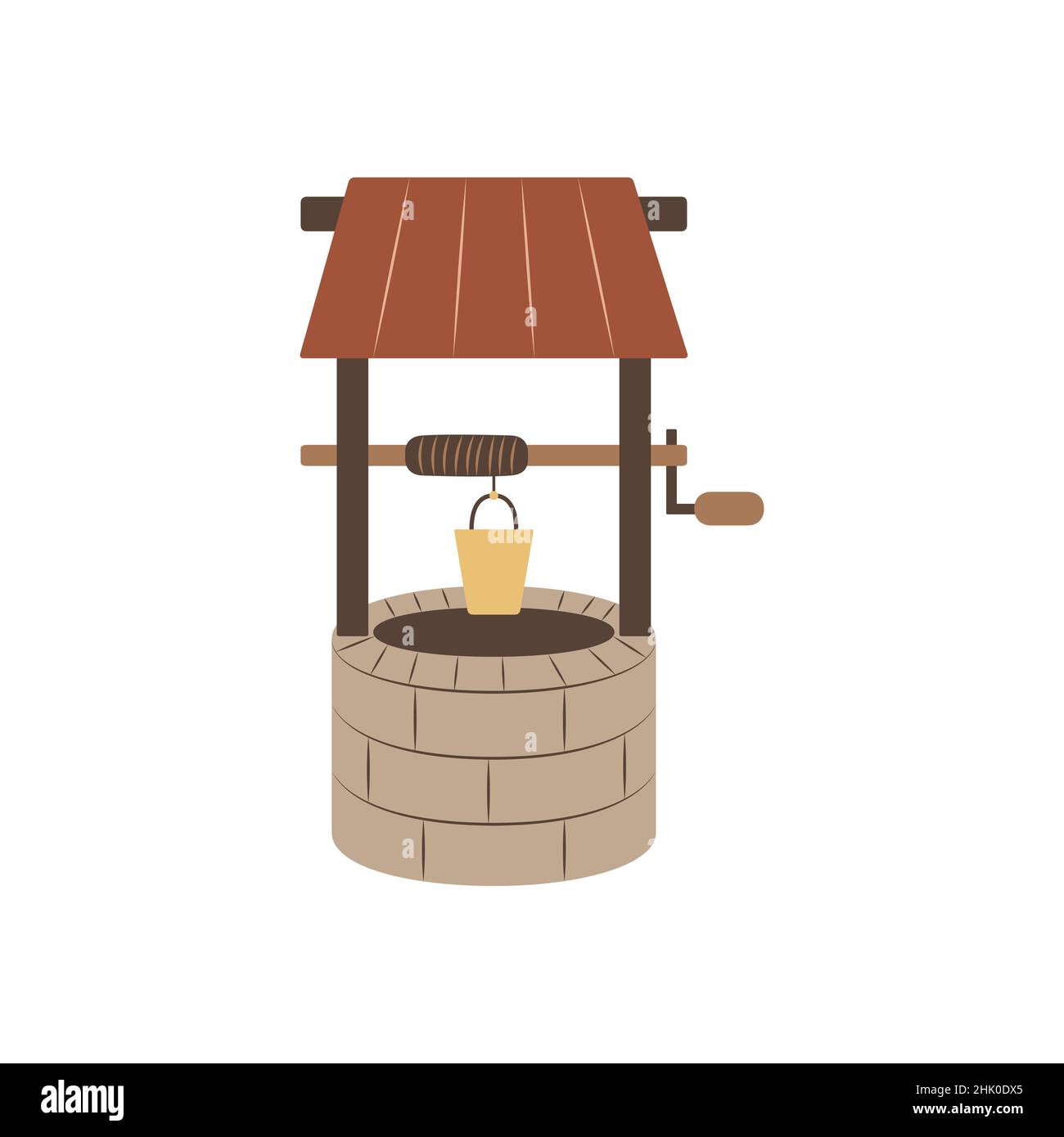 Cute cartoon well. Bucket for water on a rope. Item of rural life ...