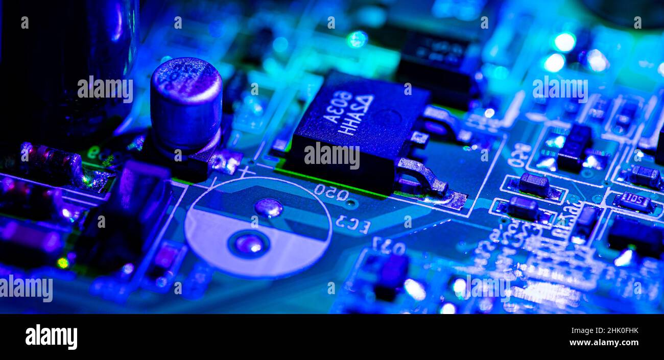 Macro Close up of components and microchips on PC circuit board Stock ...