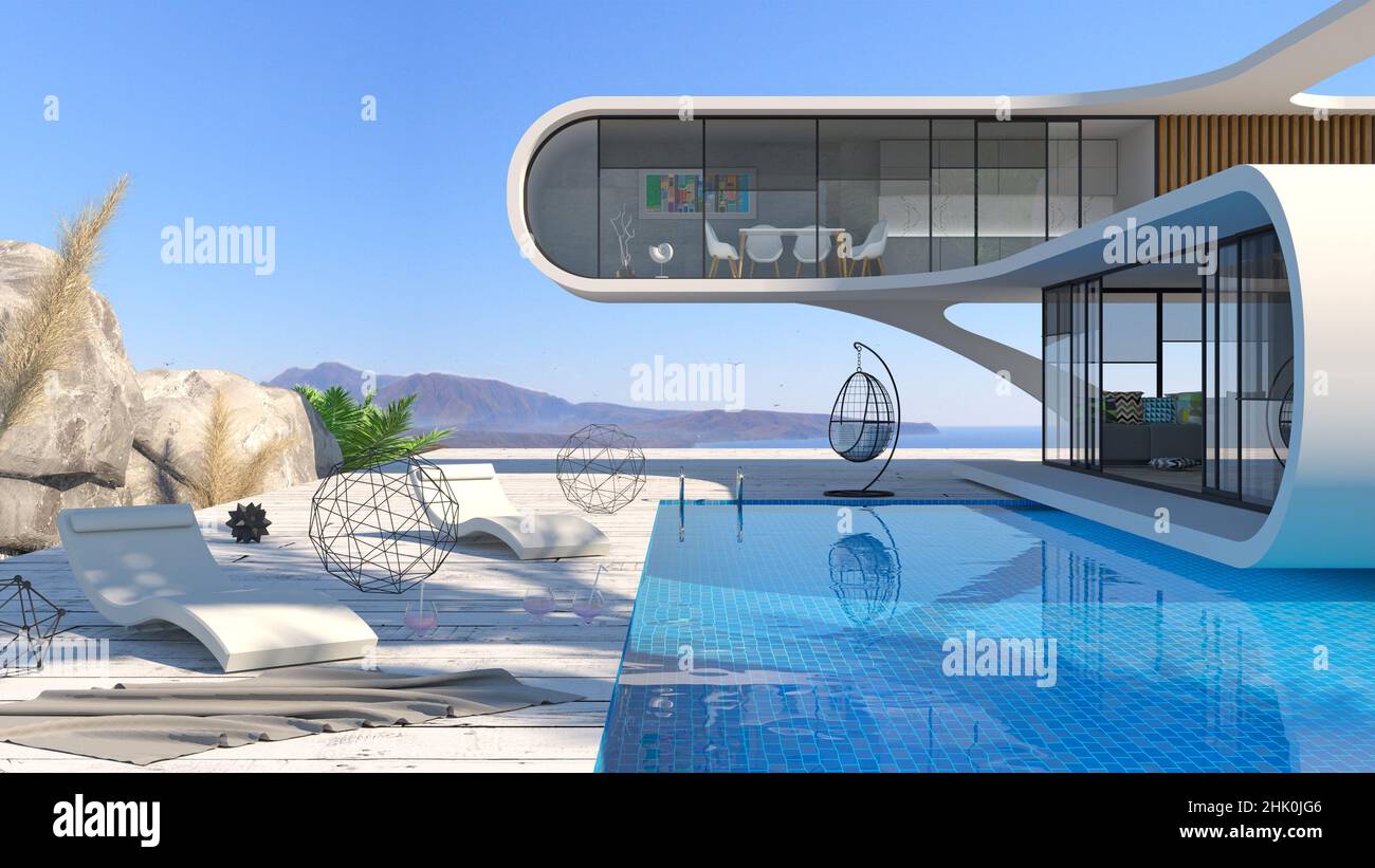 Concept of a futuristic modern seafront villa with a swimming pool ...