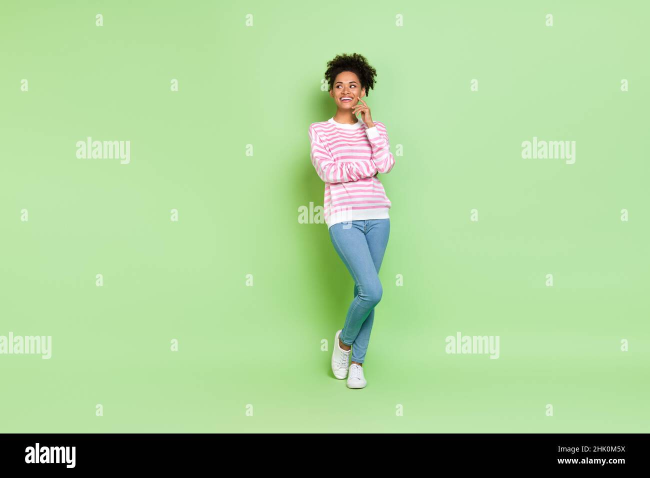 Photo of dreamy lady look empty space imagine romantic date wear ...