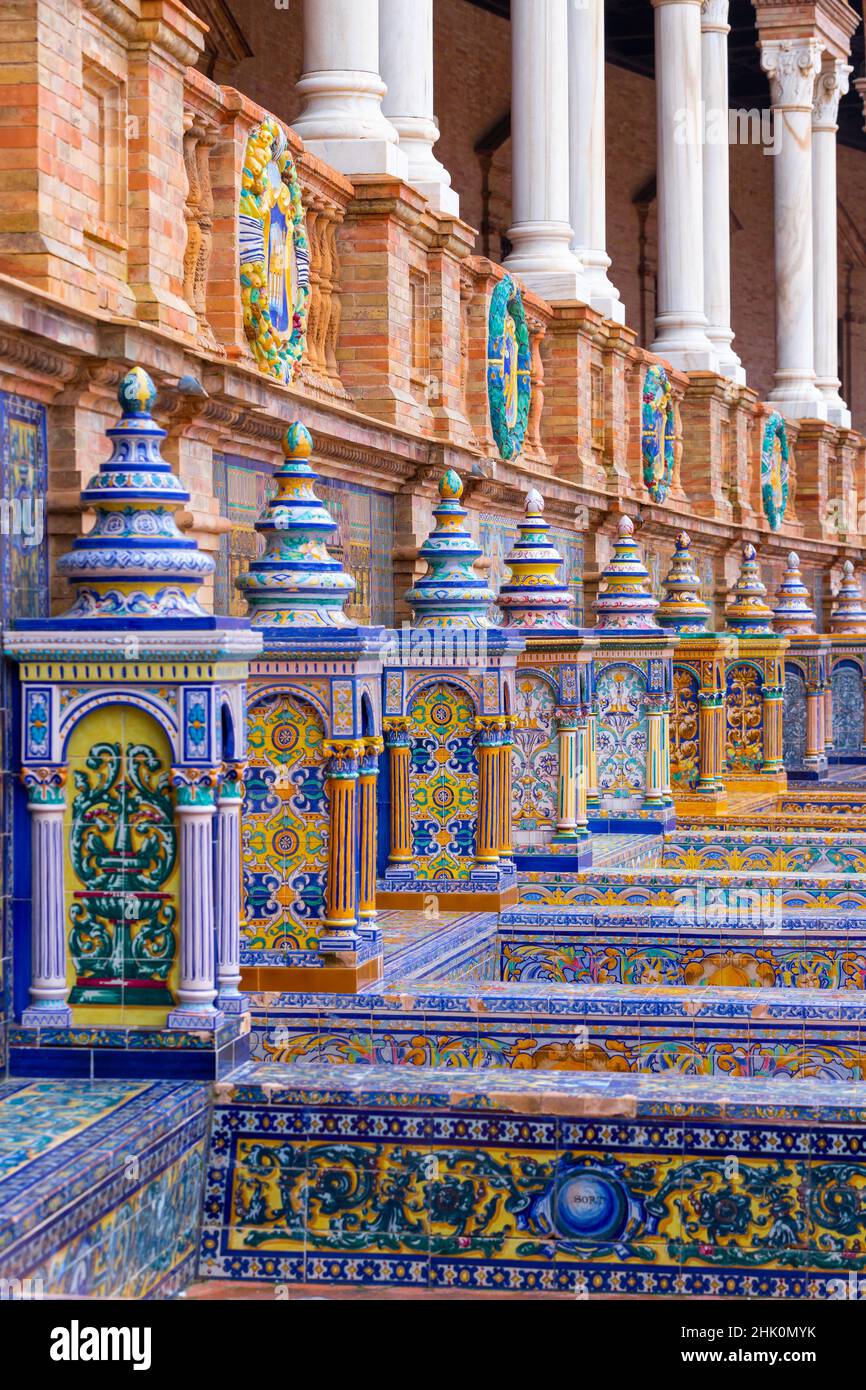 The typical ceramic and colourful benches of the famous Spanish square ...
