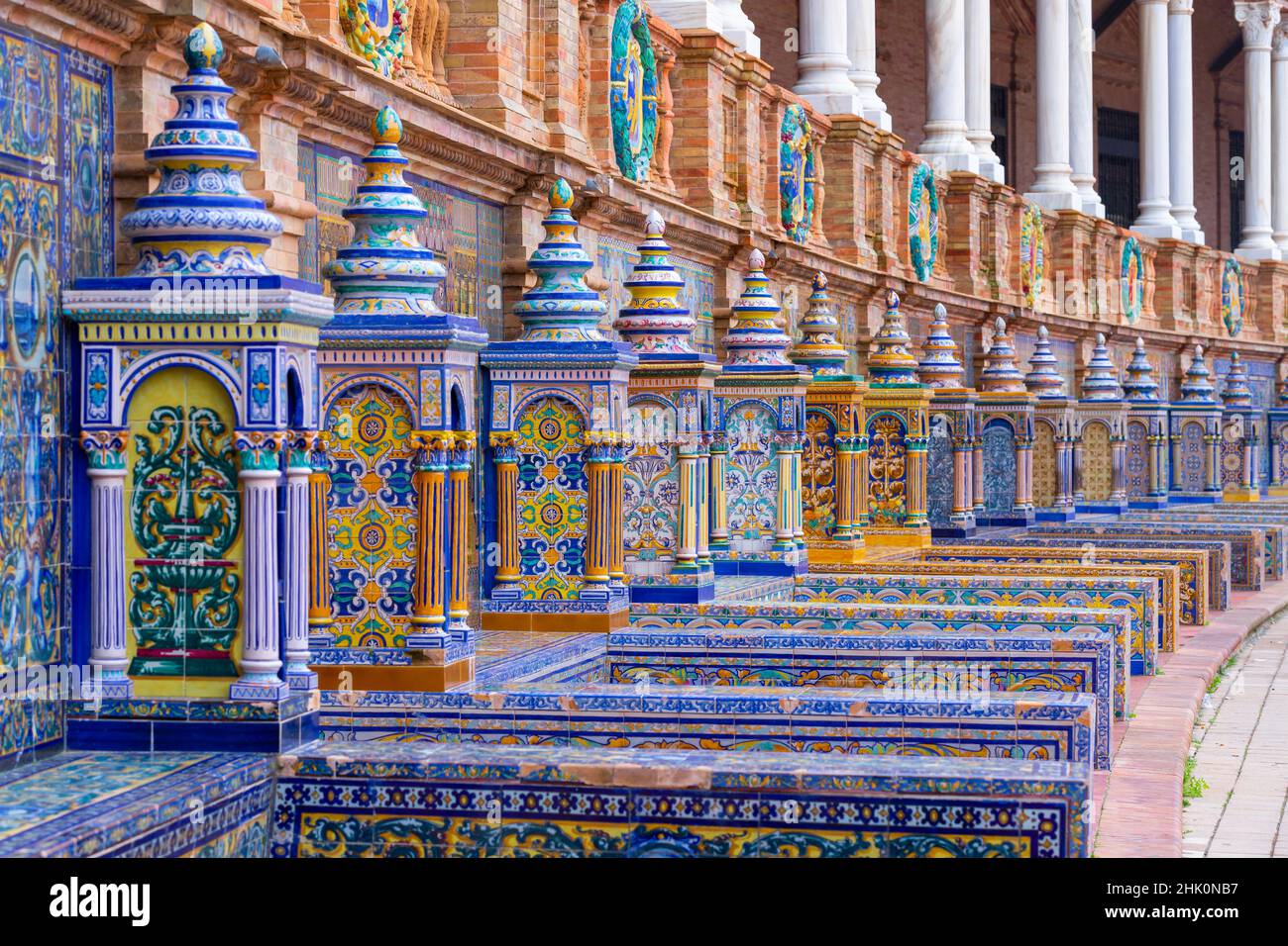 The typical ceramic and colourful benches of the famous Spanish square ...
