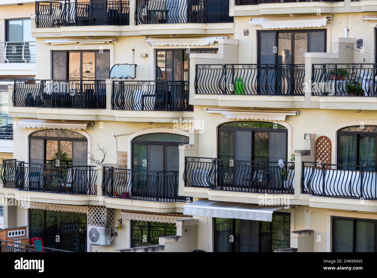 Mellieha, Malta: Balconies and windows of a vacation apartment block ...