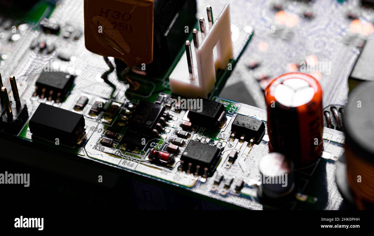 Macro Close up of components and microchips on PC circuit board Stock ...