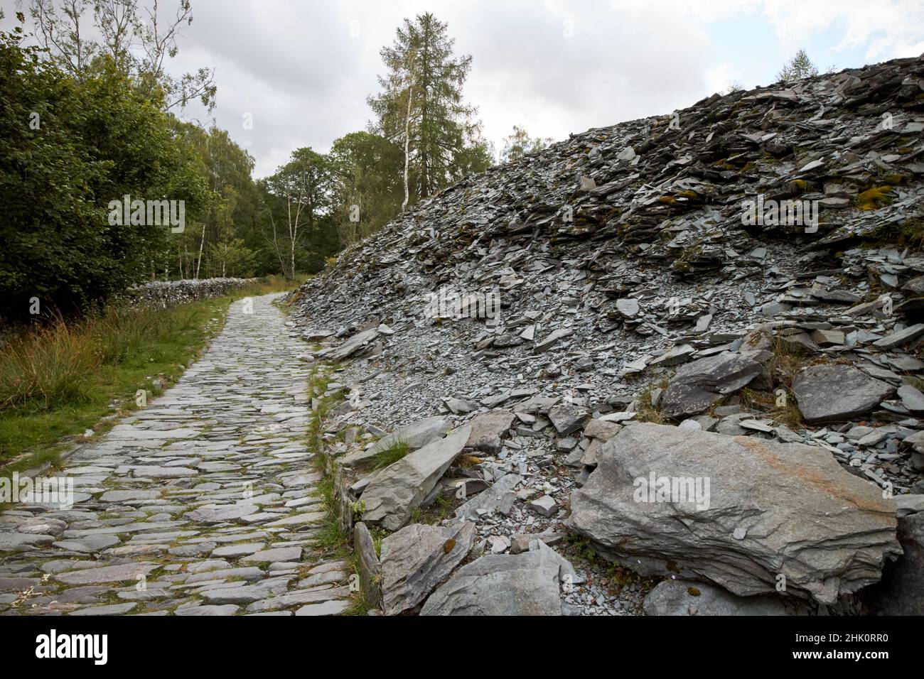 spoil heaps from disused slate quarry in elterwater lake district ...