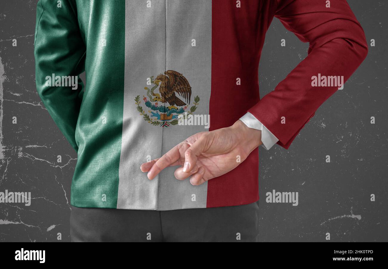 Businessman Jacket with Flag of Mexico with his fingers crossed behind ...