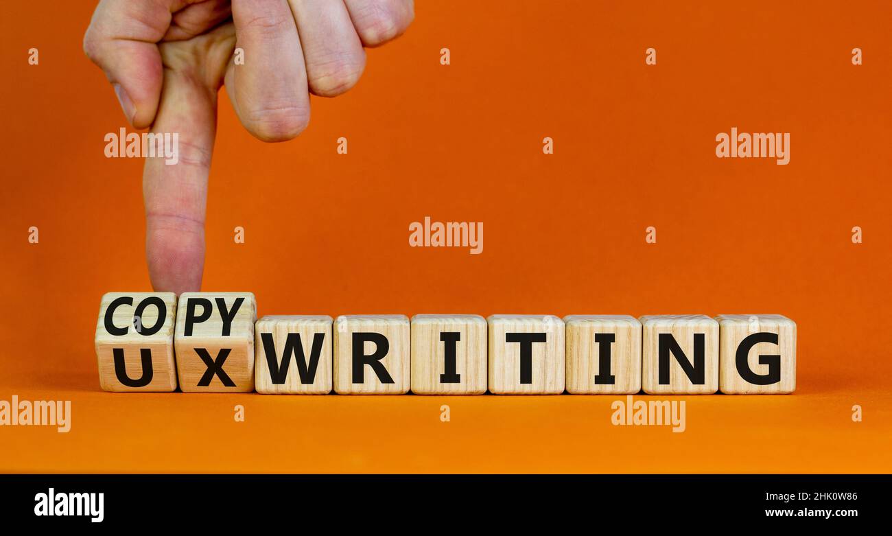 Copywriting or UX writing symbol. Businessman turns cubes changes ...