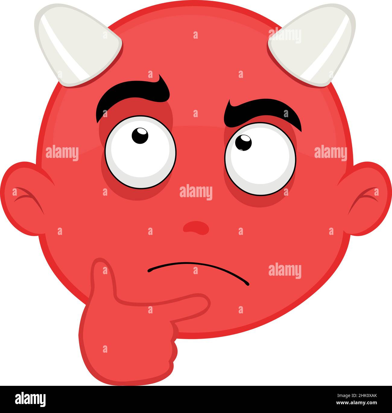 Vector illustration of the face of a cartoon devil with a thinking or ...