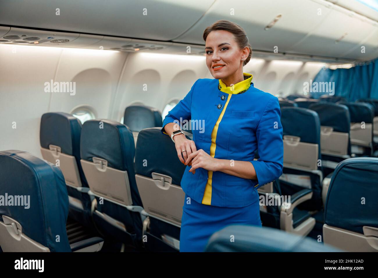 Cheerful flight attendant standing in aircraft passenger cabin Stock ...