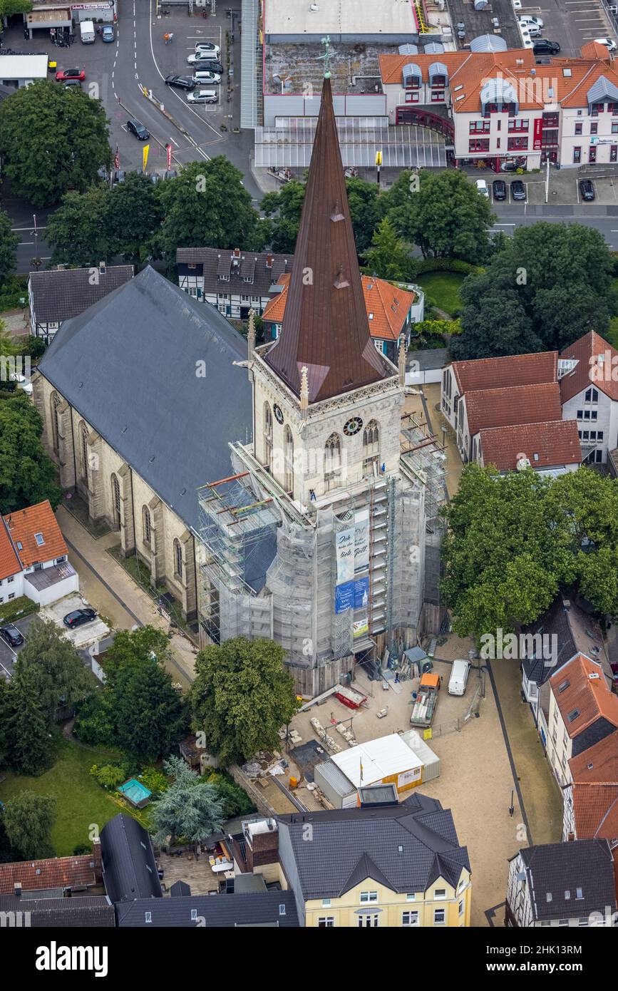 Aerial view, construction site and renovation of the protestant town ...