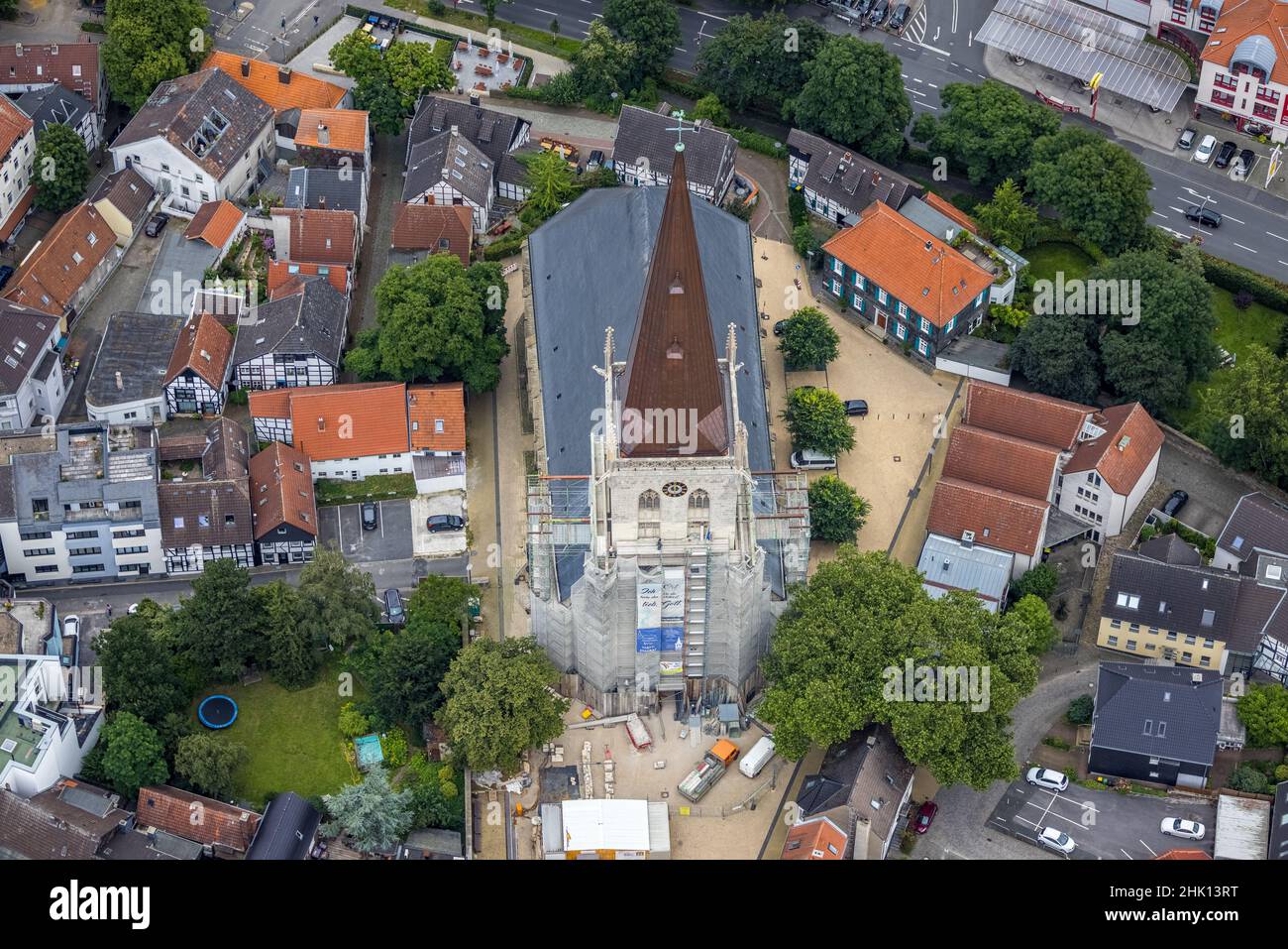 Aerial view, construction site and renovation of the protestant town ...