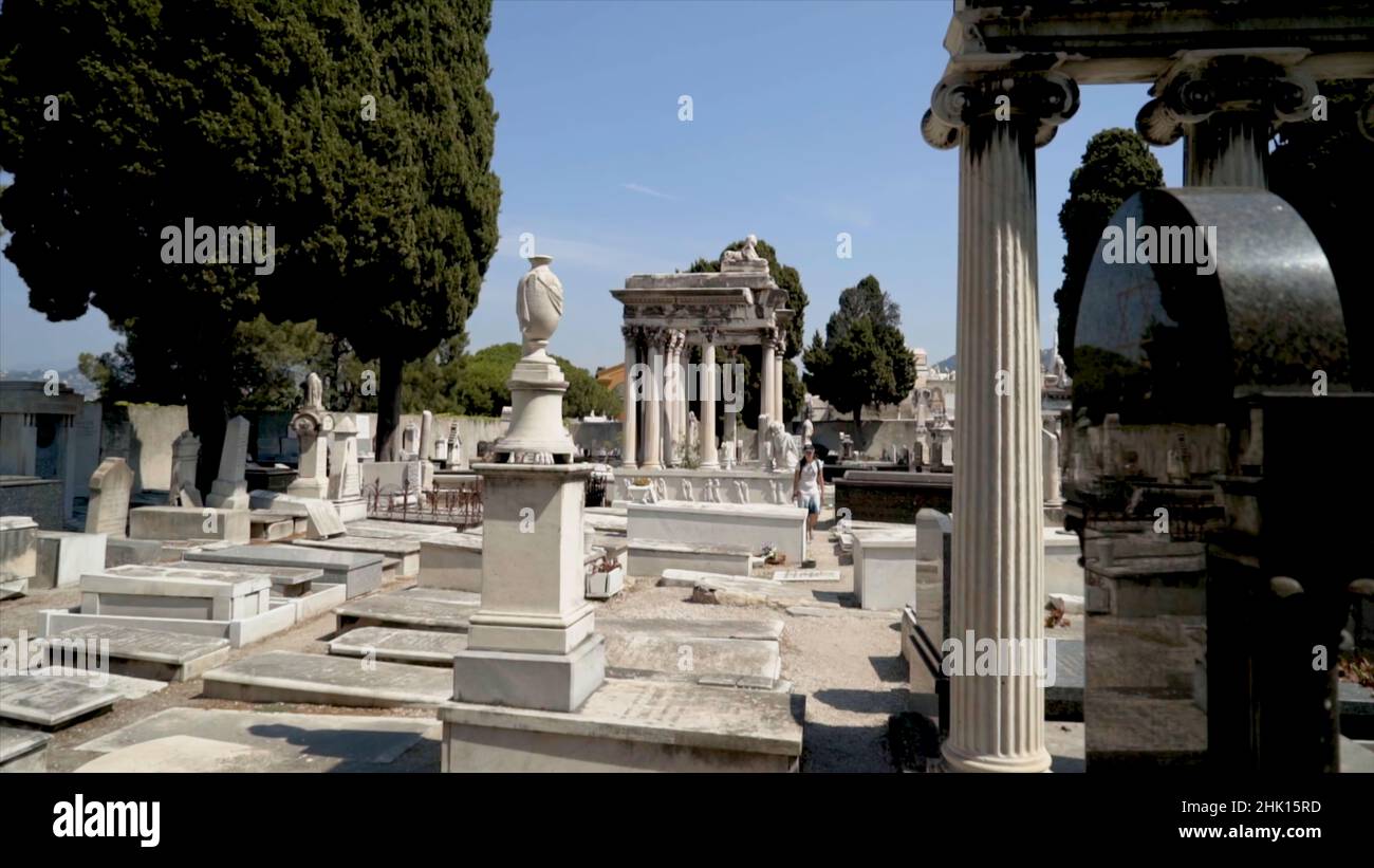 European cemetery with tombs and sculptures. Action. Beautiful ...