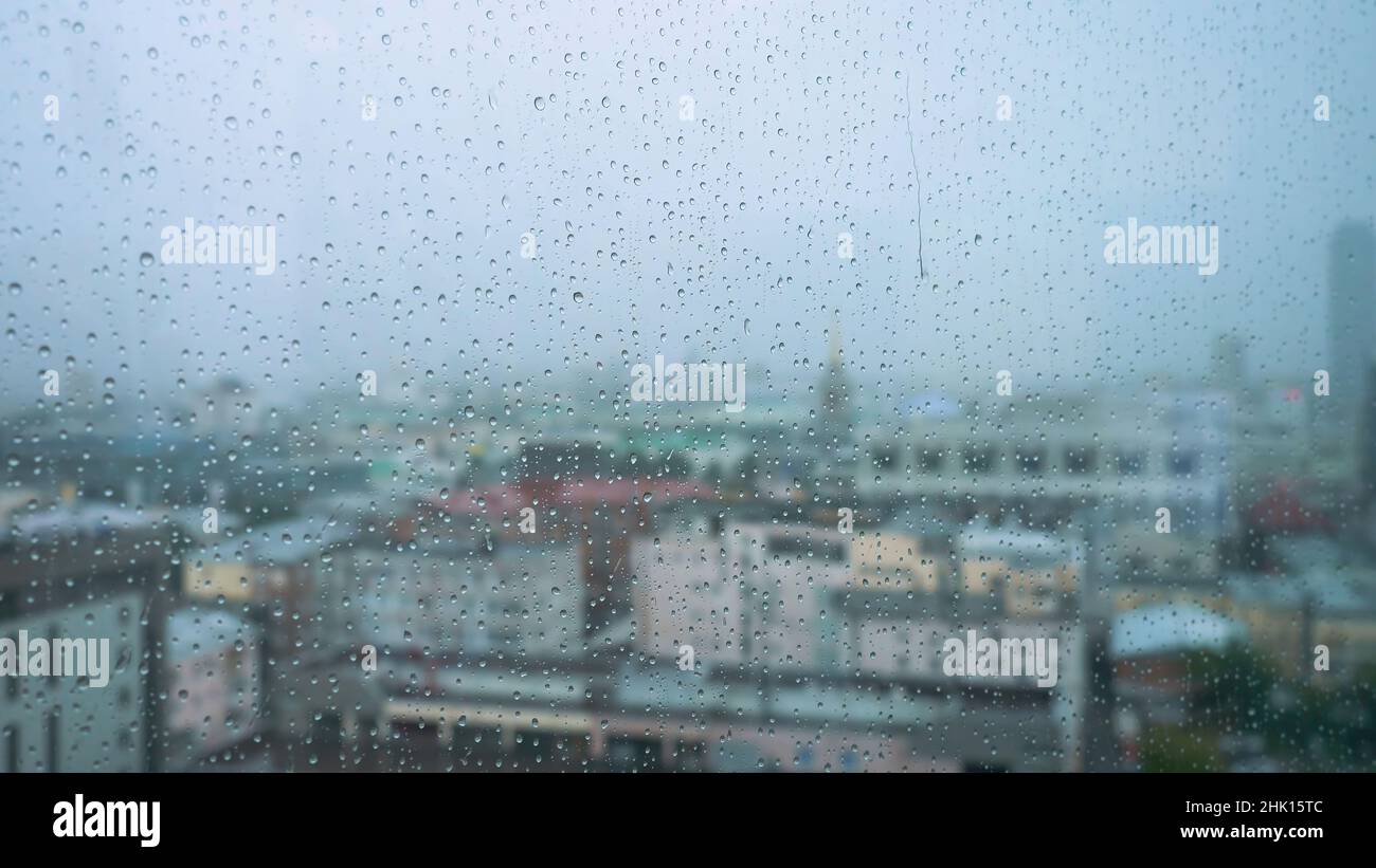 Rain drops on glass with a background. Stock footage. Raindrops on the ...