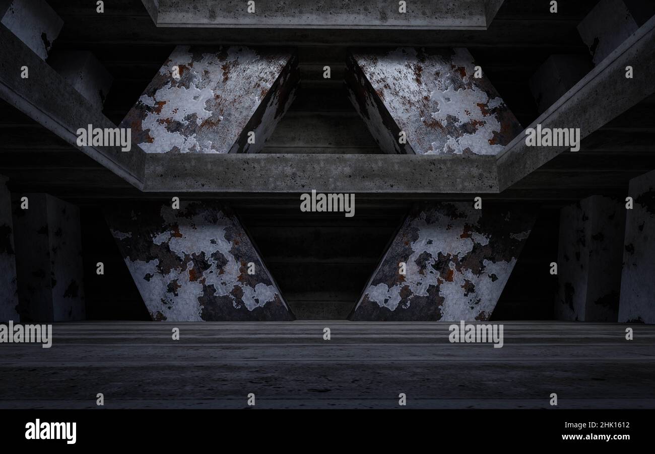 abstract dark concrete basement hall background backdrop with metal and ...