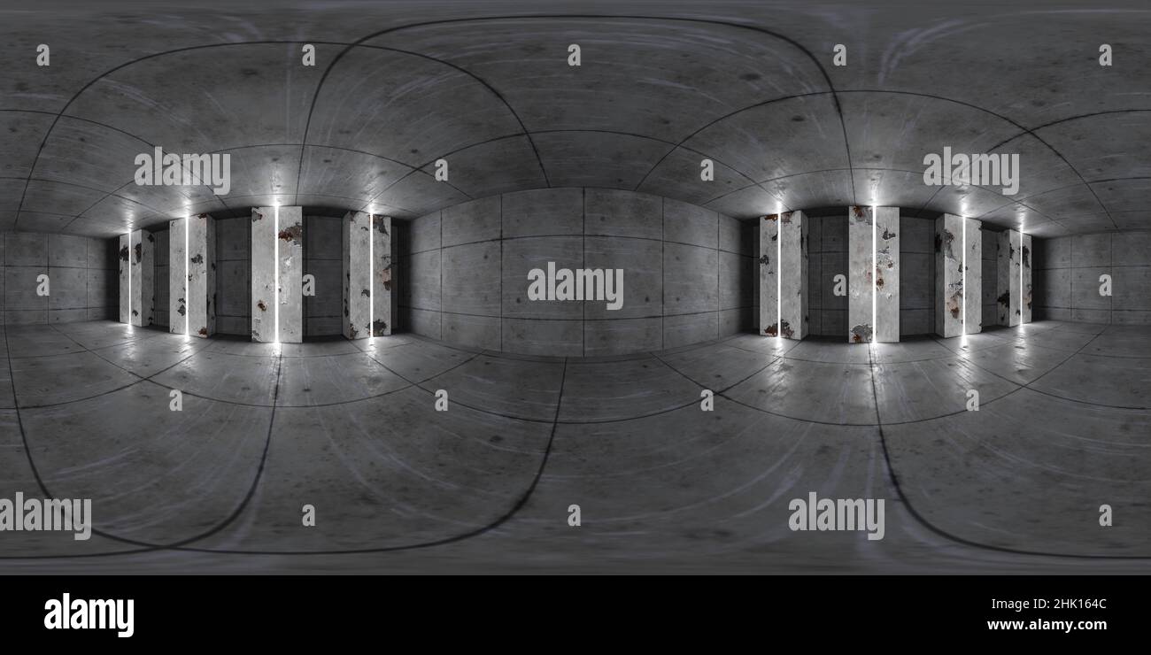 360 degree full panorama environment map of dark industrial concrete ...