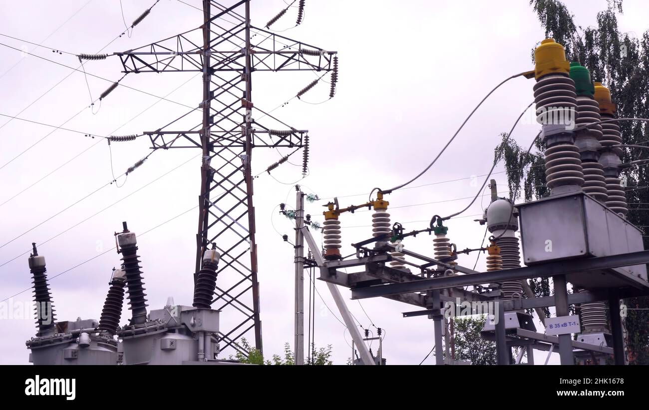 Power lines and electric poles. Frame. High-voltage lines against ...