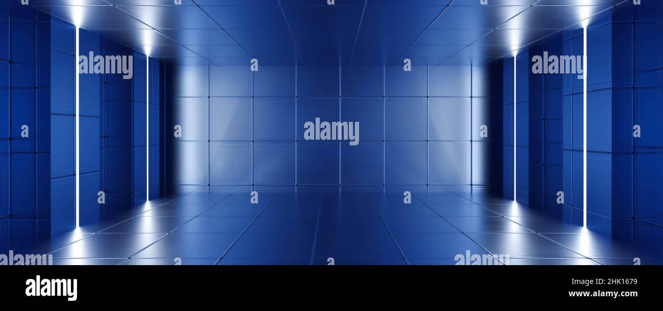 abstract blue retro futuristic design room with tiles and bright ...