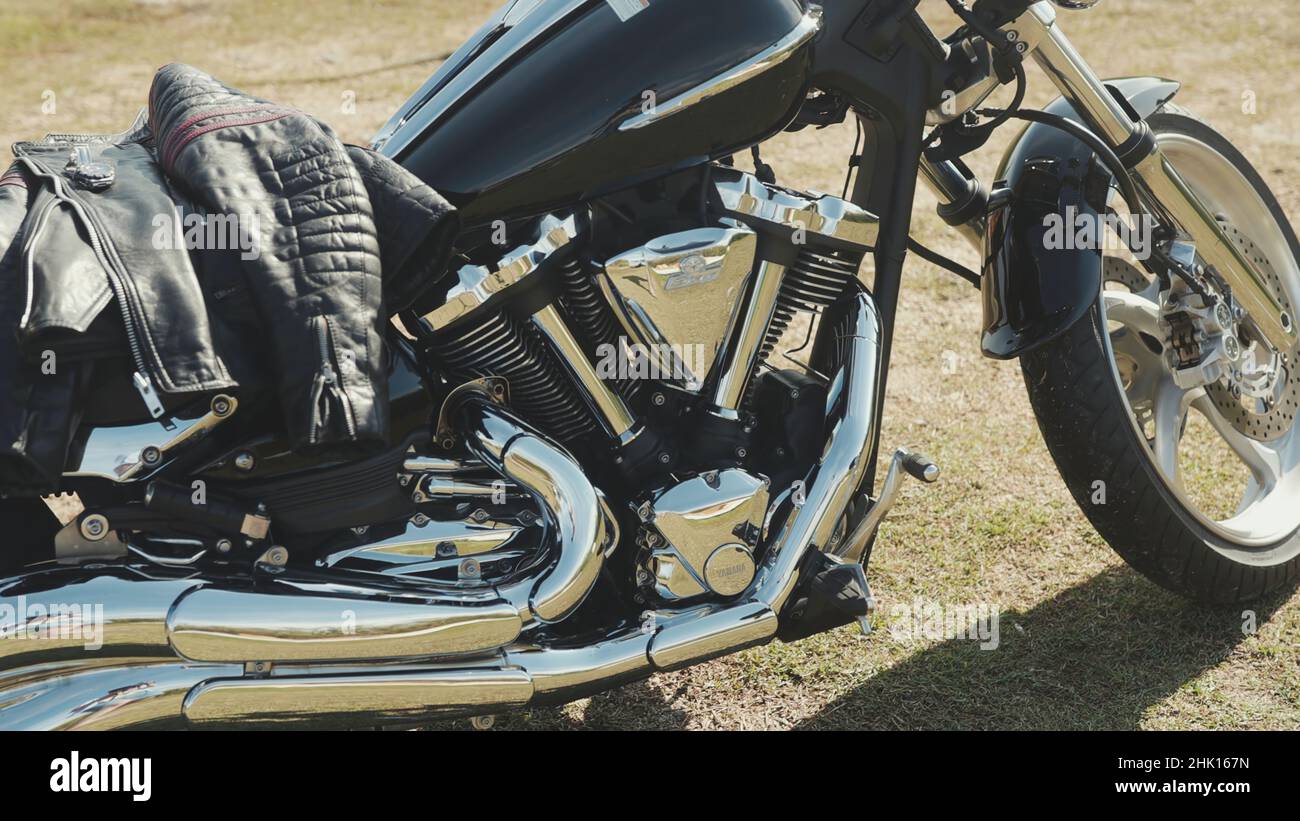 Chrome motorcycle. Stock. Side view of new black motorcycle with chrome ...