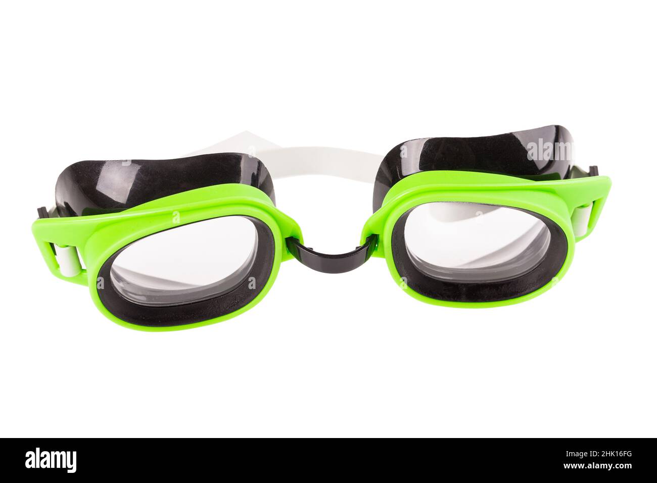 Plastic green goggles for swimming. Isolated on a white background ...