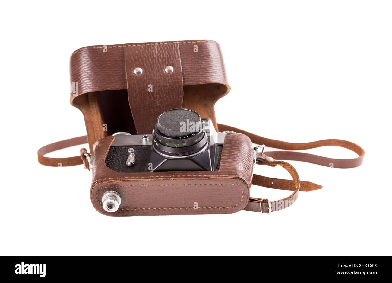 Old metal photo camera in leather case. Isolated on a white background ...