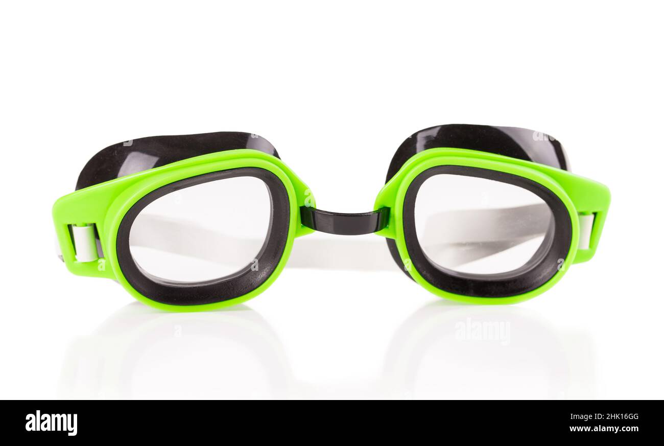 Plastic green goggles for swimming. Isolated on a white background ...