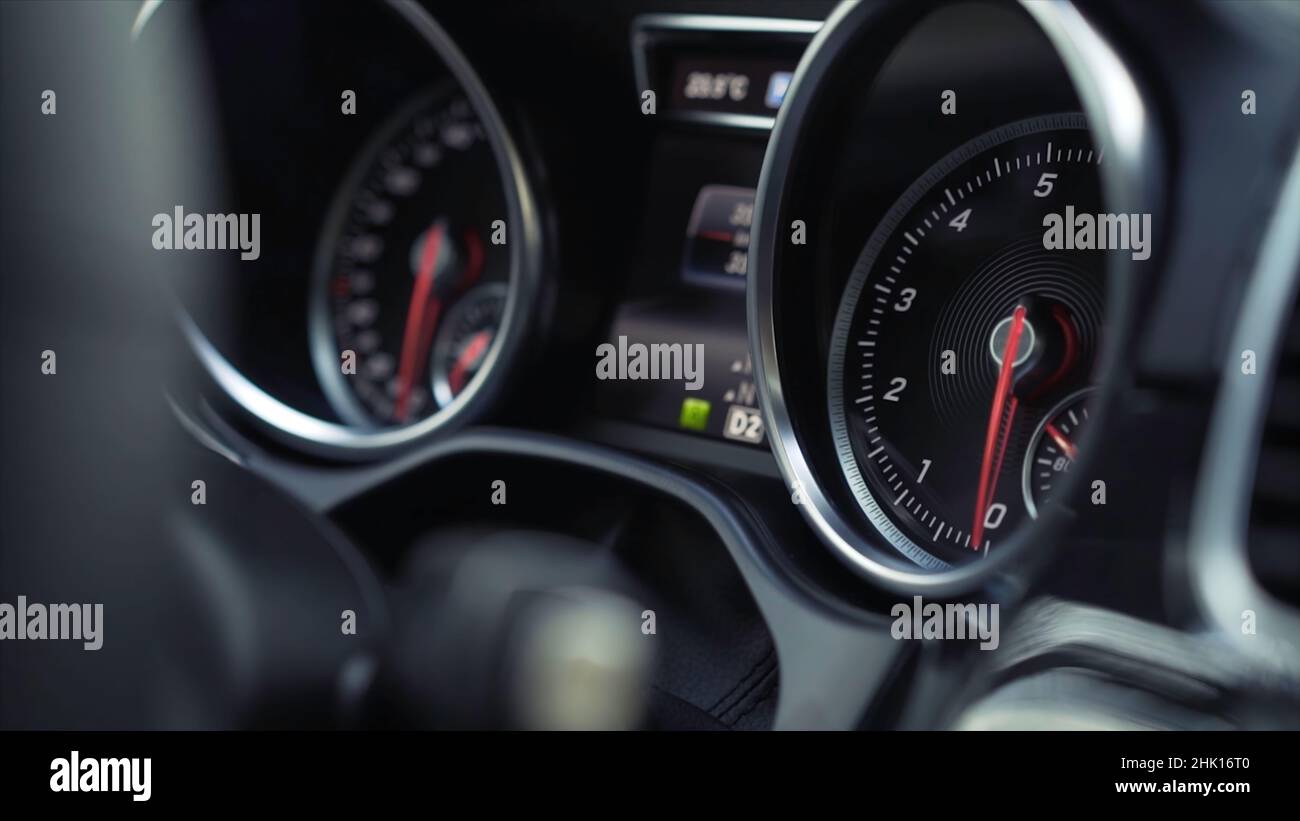 Close-up car speed dashboard of car interior. Stock. Close-up of car ...