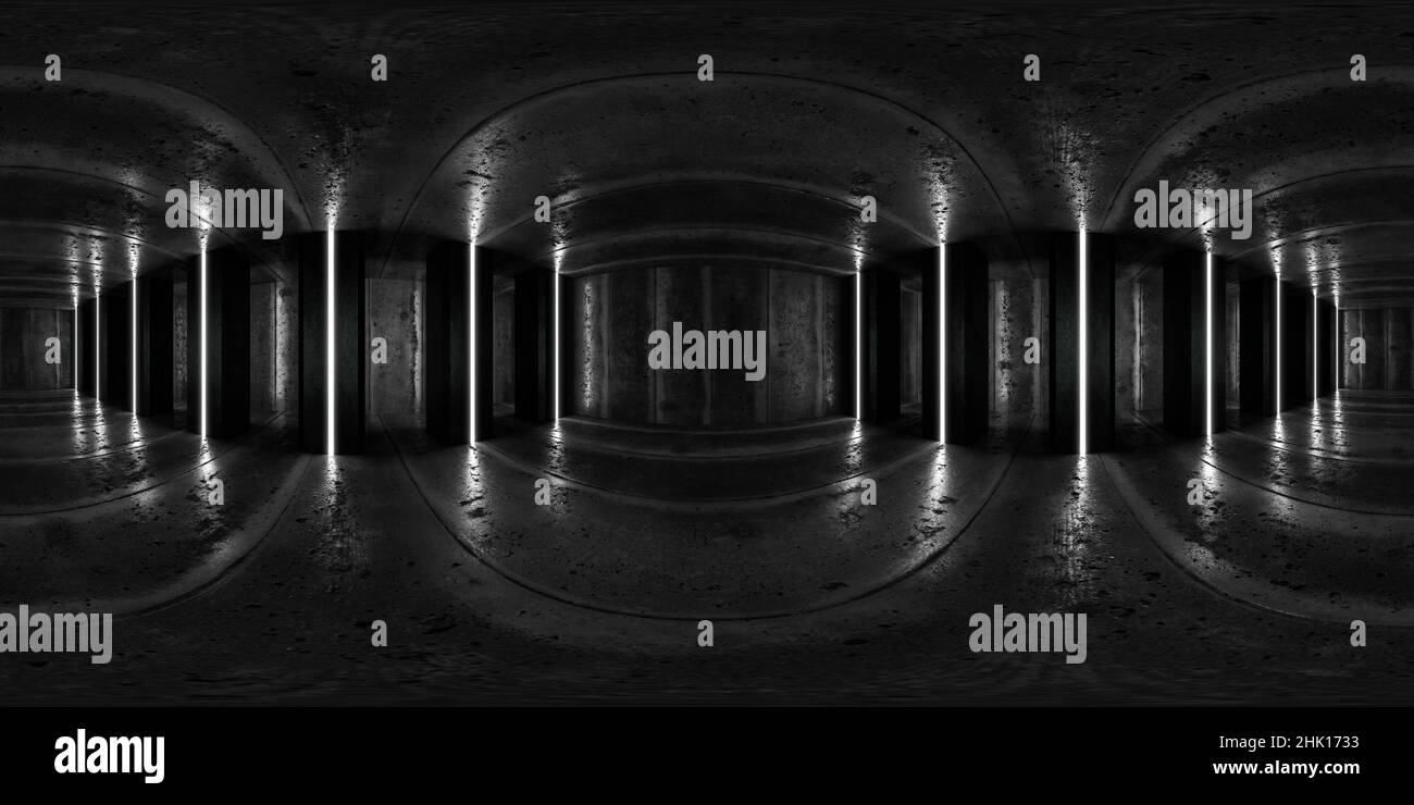 360 degree full panorama environment map of dark industrial concrete ...